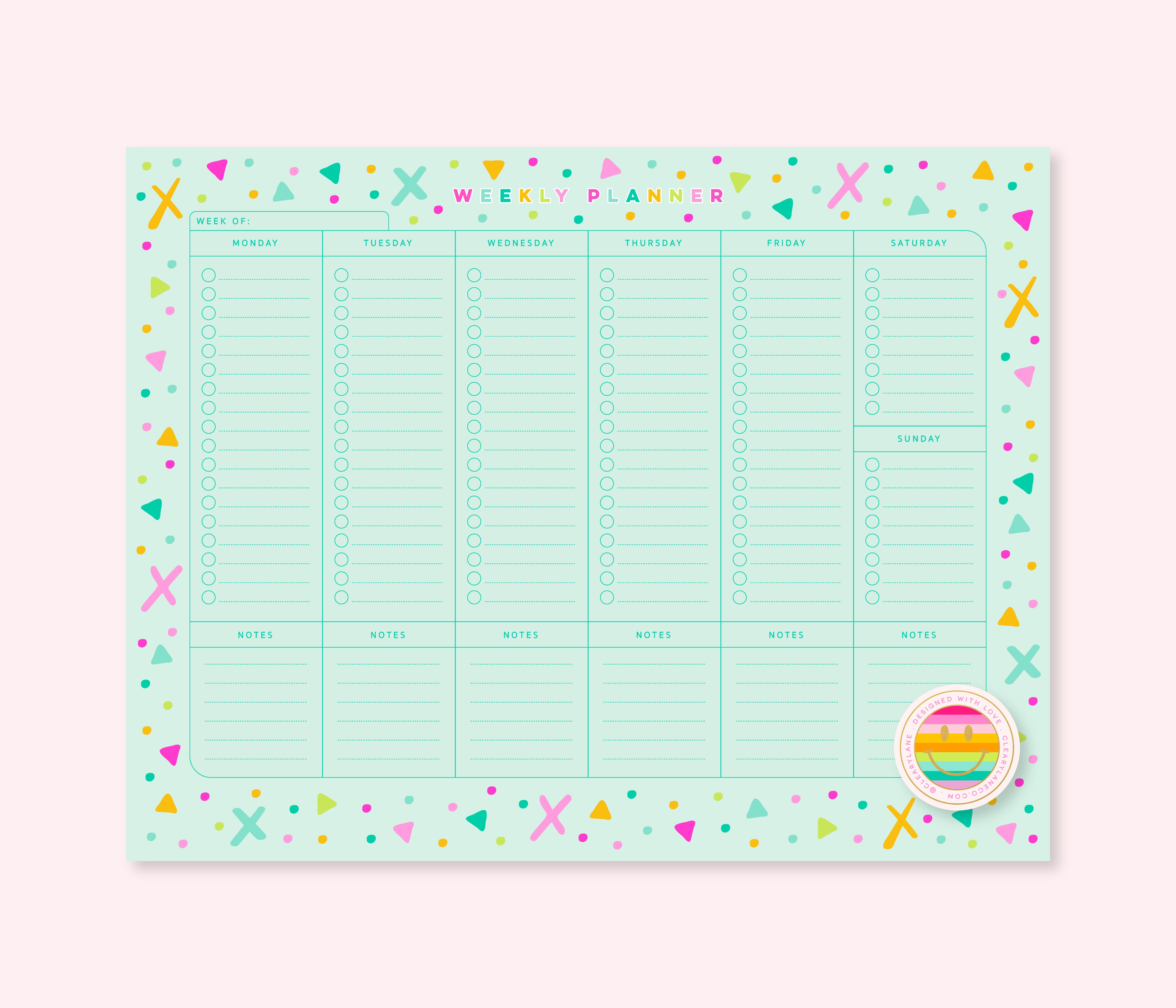 Weekly Planner Notepad | Mint Rainbow Shapes – Cleary Lane Co.
